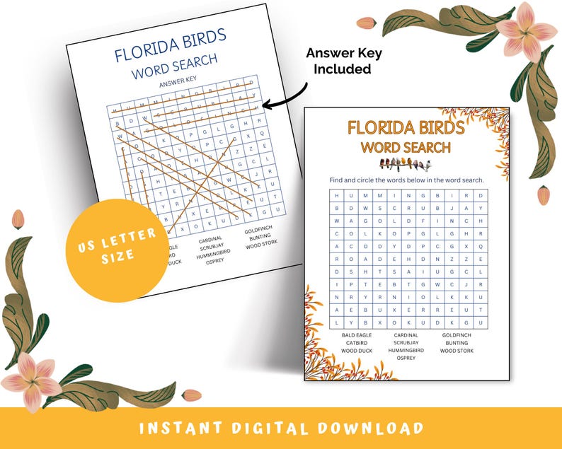 Florida Birds Word Search Game, Printable Worksheet Word Search Puzzle ...