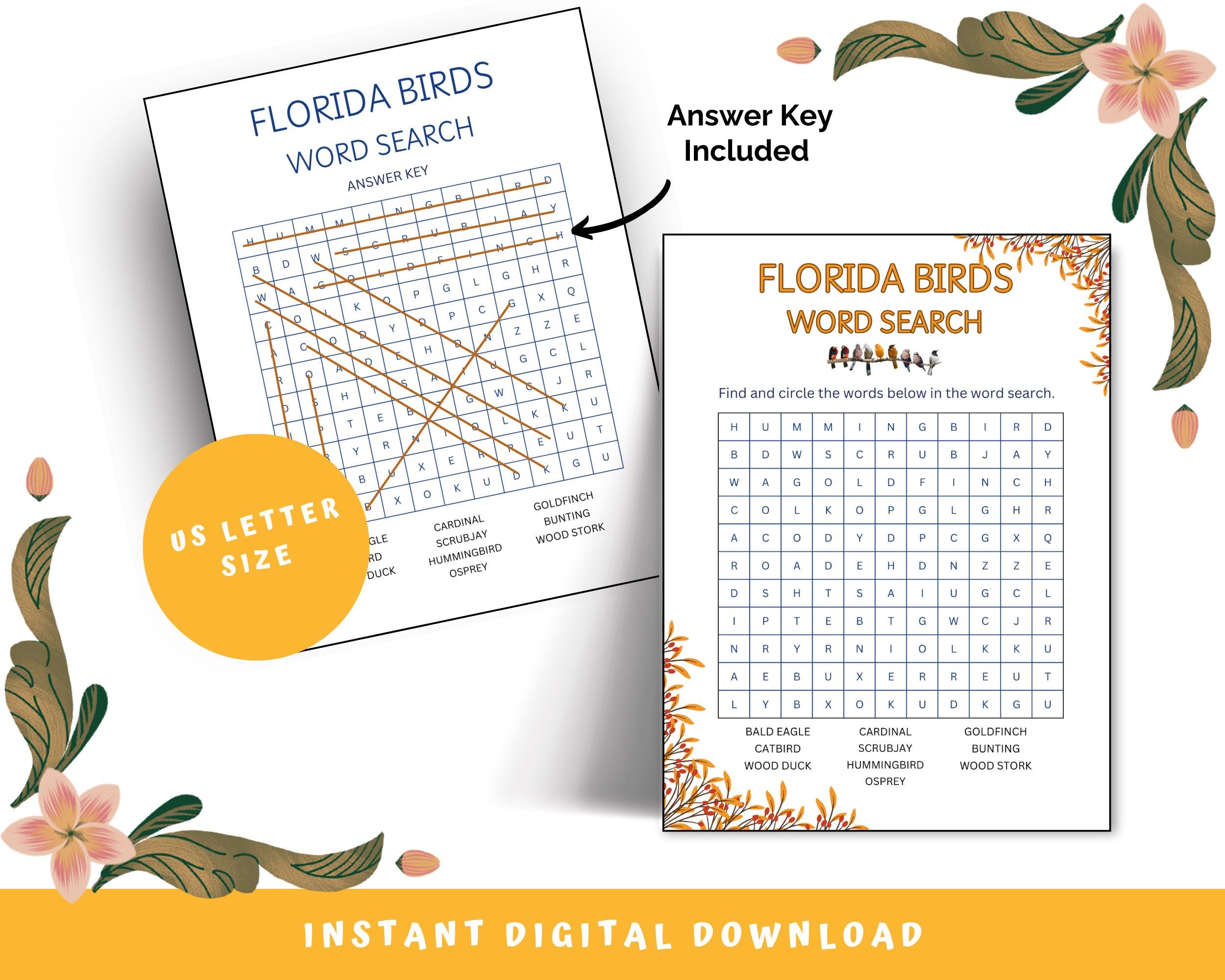 Florida Birds Word Search Game, Printable Worksheet Word Search Puzzle ...