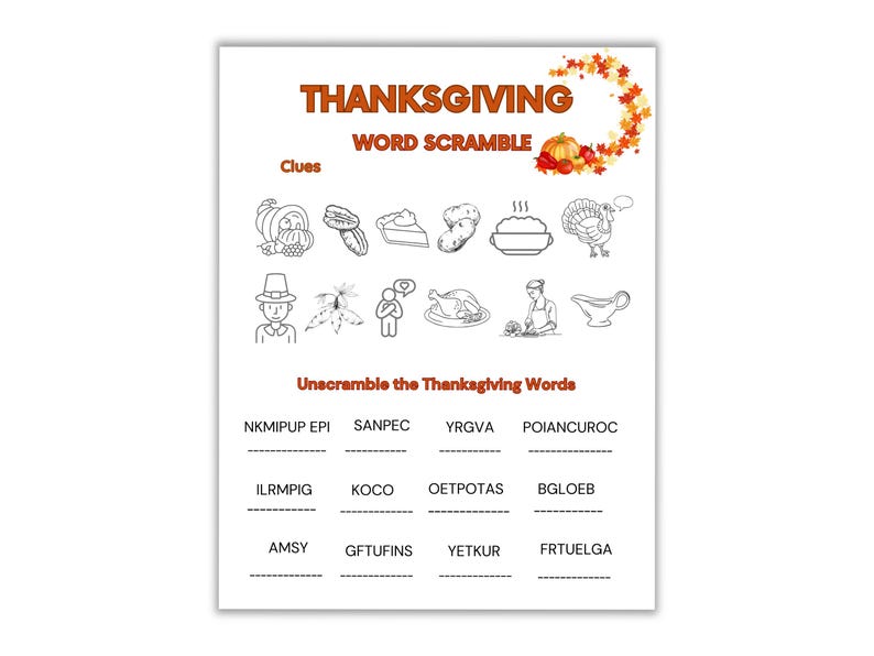 Thanksgiving Word Scramble Printable Worksheet Game-kids, Adults ...