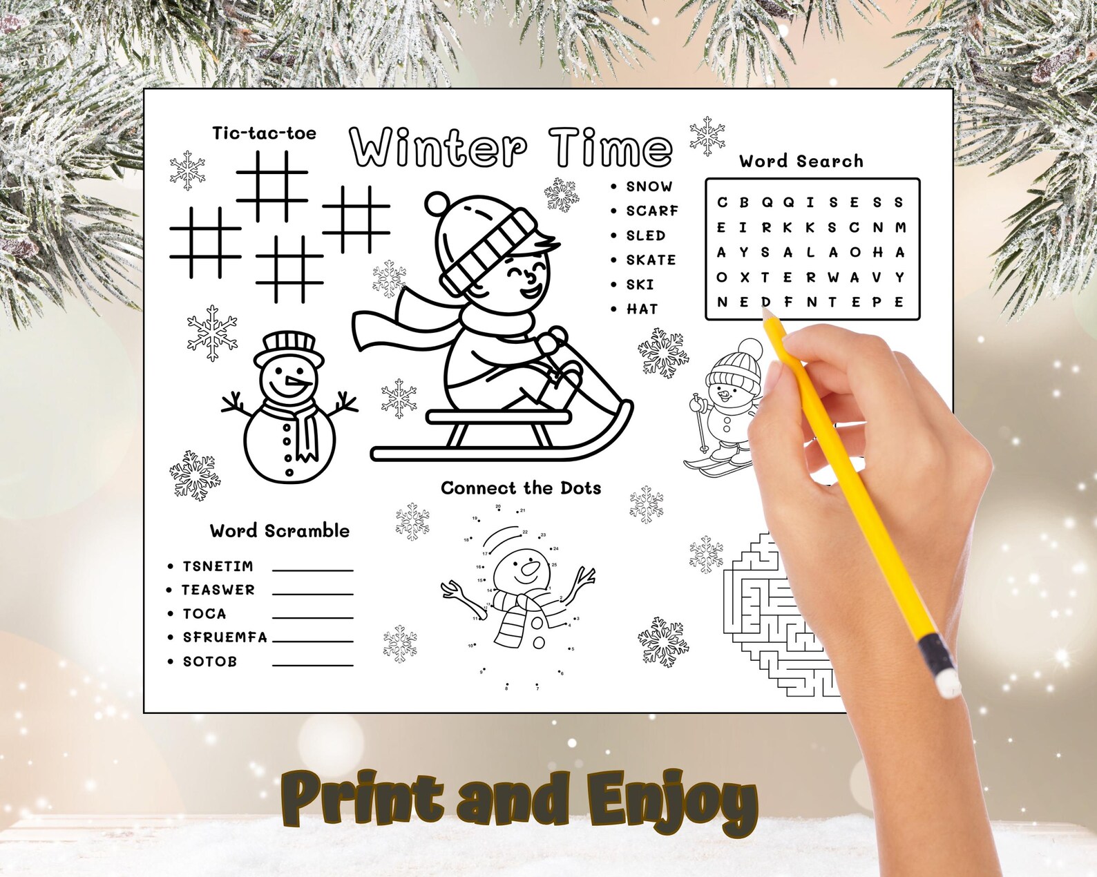 Winter Activity Placemat Worksheet, Printable Winter Coloring Placemat ...