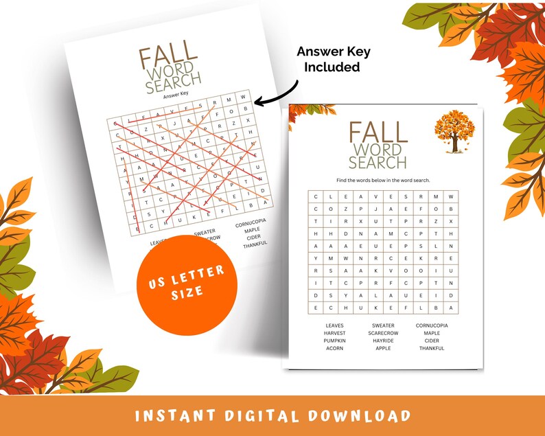 Fall Word Search Printable Worksheet, Autumn Word Search, Fall Activity ...