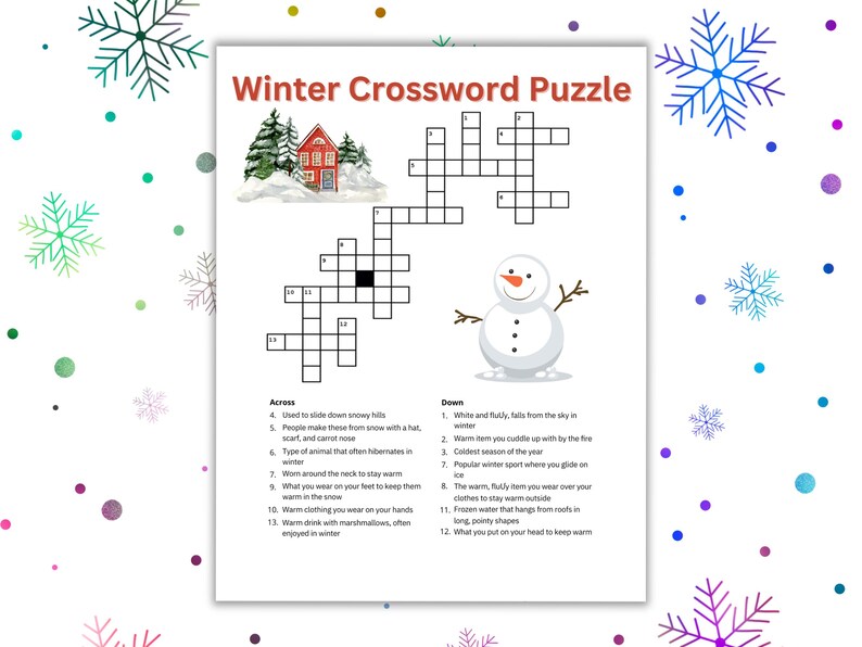 Winter Crossword Puzzle Printable Worksheet Game for Kids, Adults ...