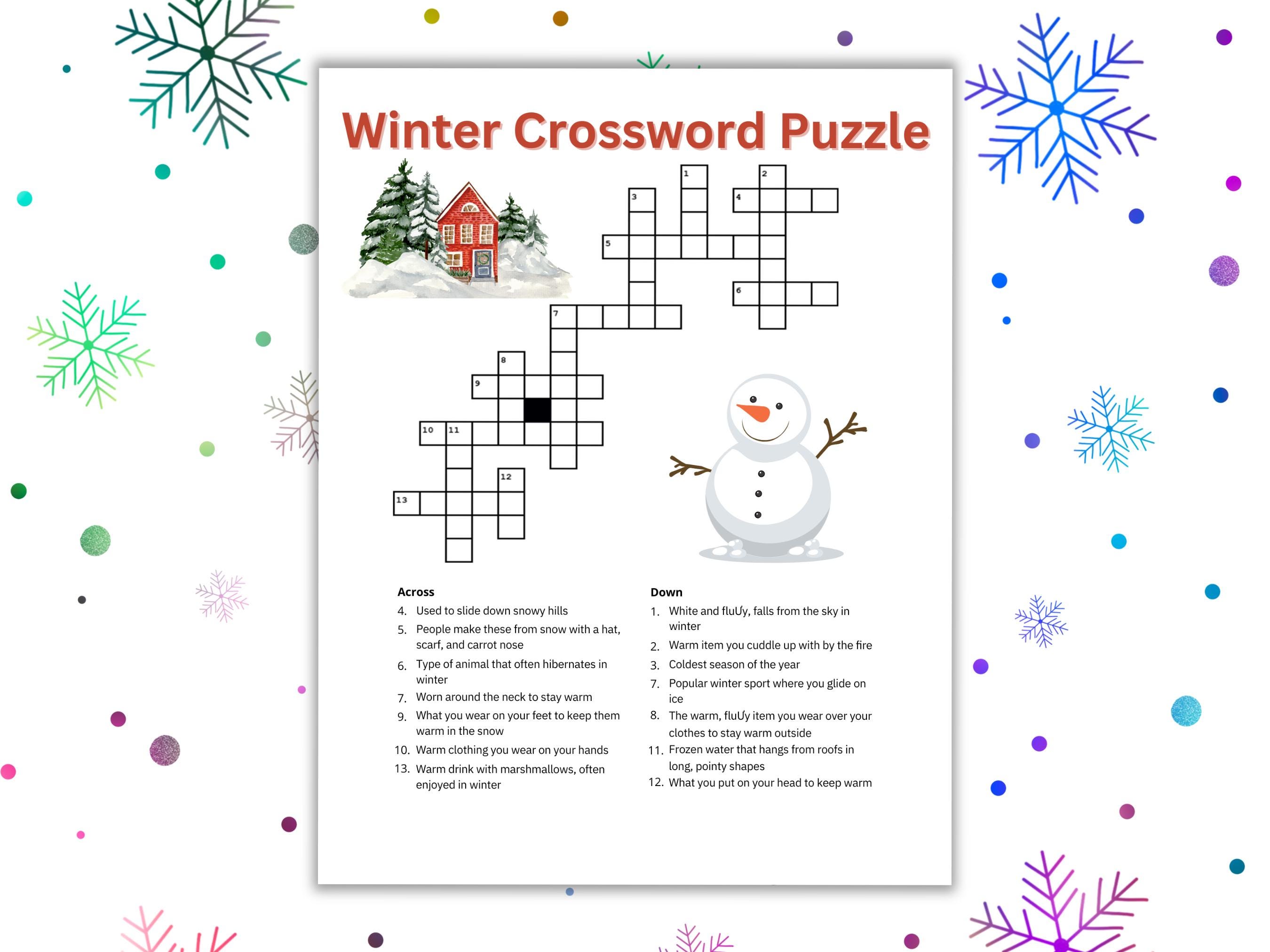 Winter Crossword Puzzle Printable Worksheet Game for Kids, Adults ...
