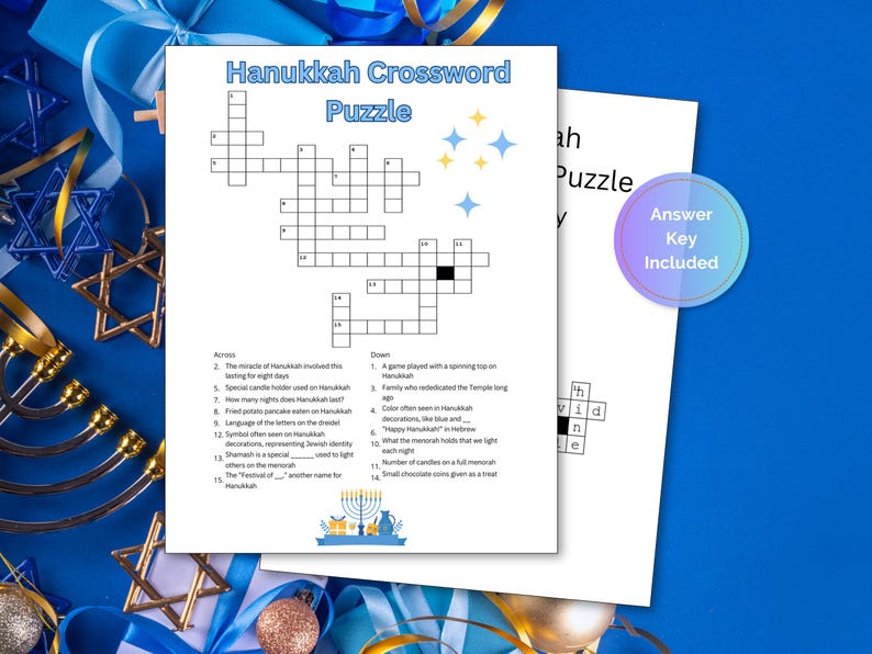 Hanukkah Crossword Puzzle Printable Worksheet Game-kids, Adults ...