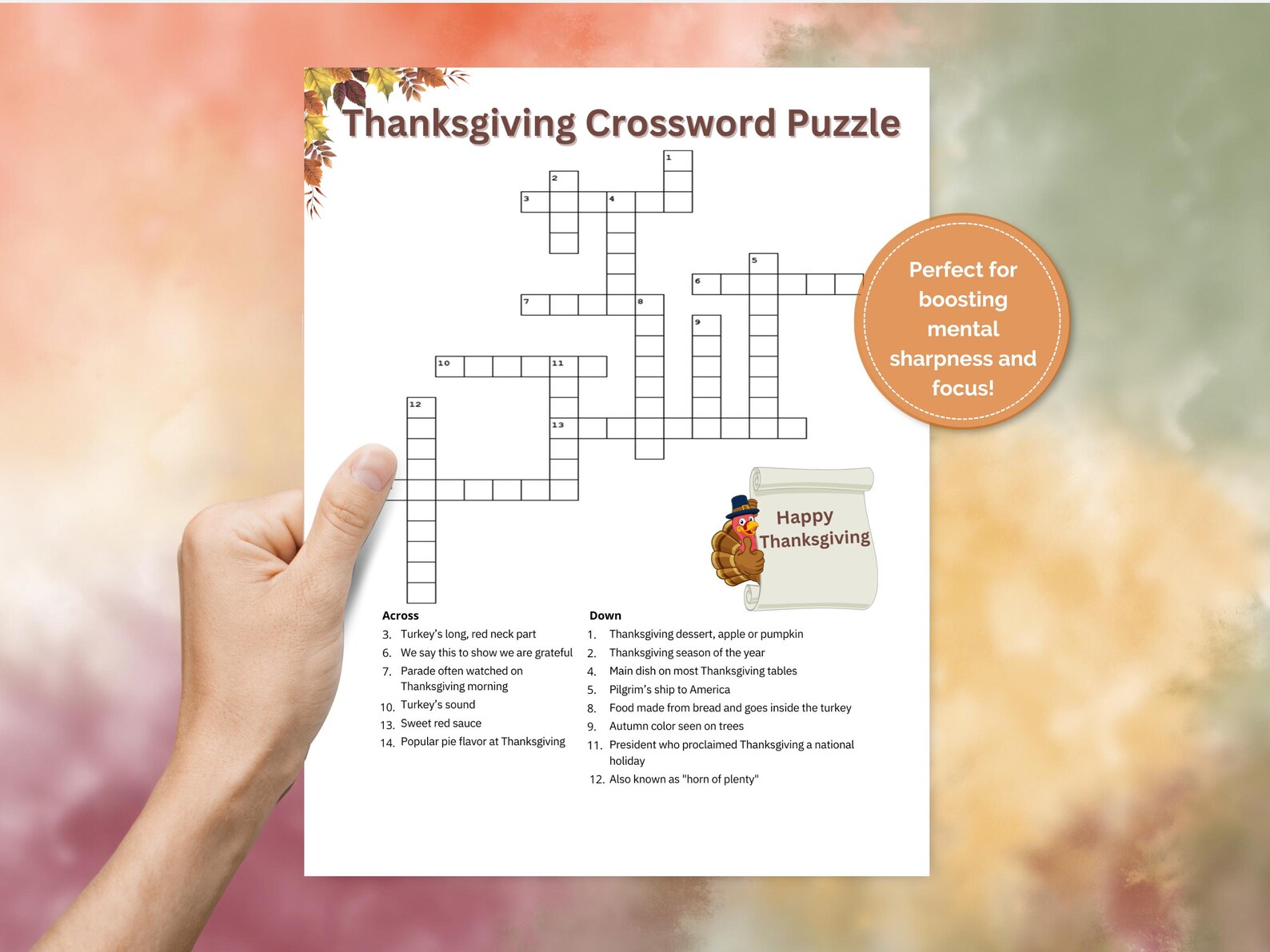 Thanksgiving Crossword Puzzle Printable Worksheet Game-kids, Adults ...