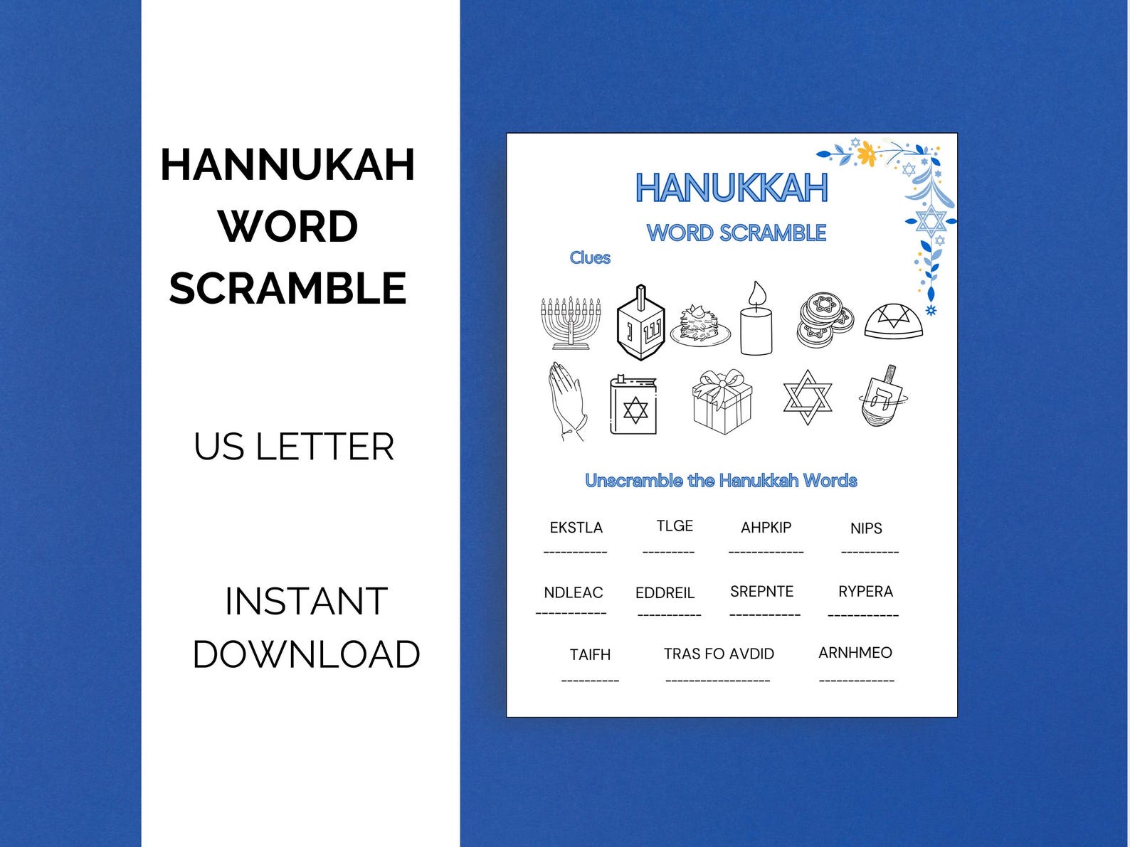 Hanukkah Word Scramble Printable Worksheet Game, Kids, Adults, and ...