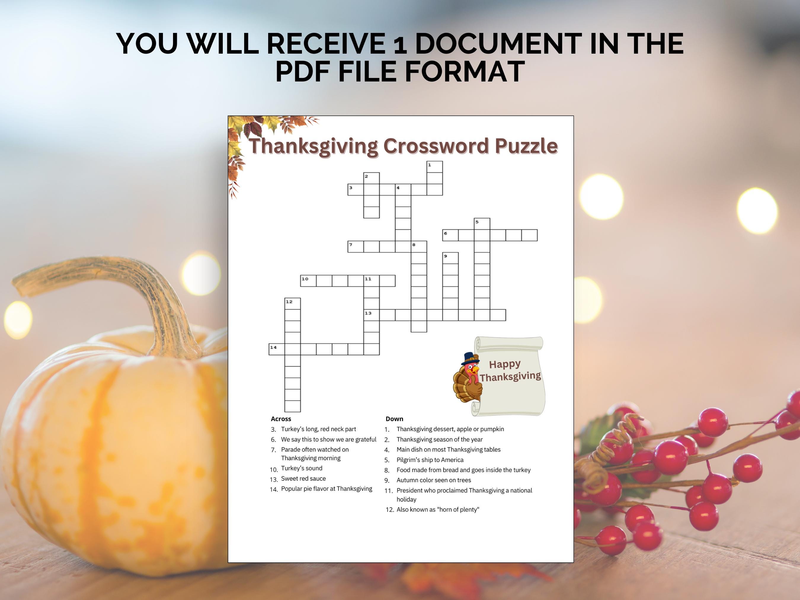 Thanksgiving Crossword Puzzle Printable Worksheet Game-kids, Adults ...