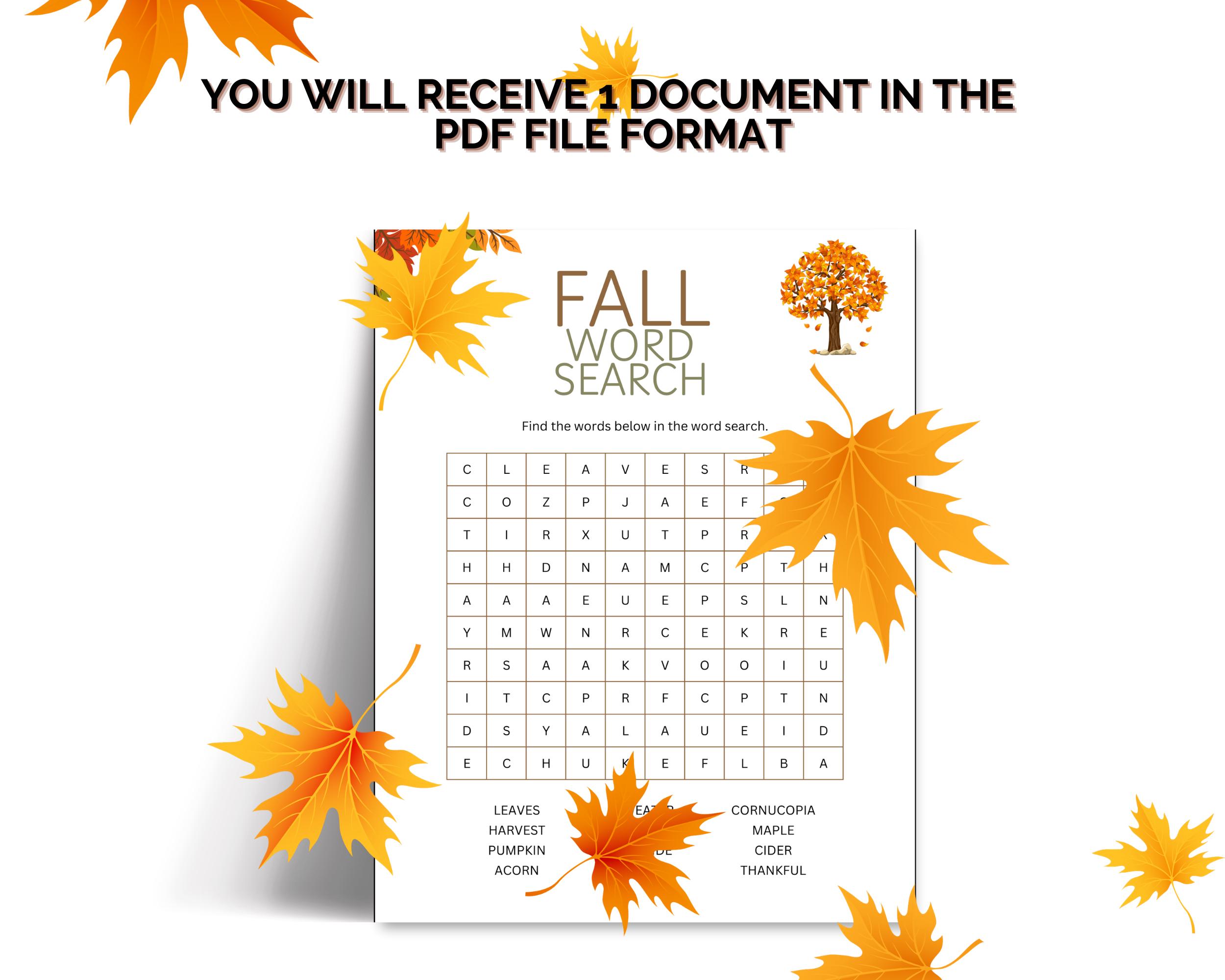 Fall Word Search Printable Worksheet, Autumn Word Search, Fall Activity ...