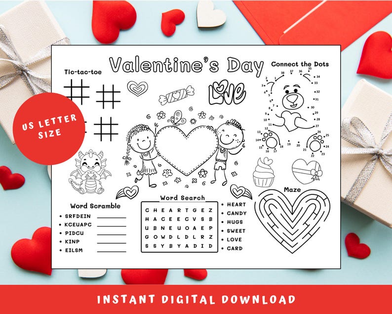 Valentine Activity Placemat, Valentine's Day Worksheet for Kids ...