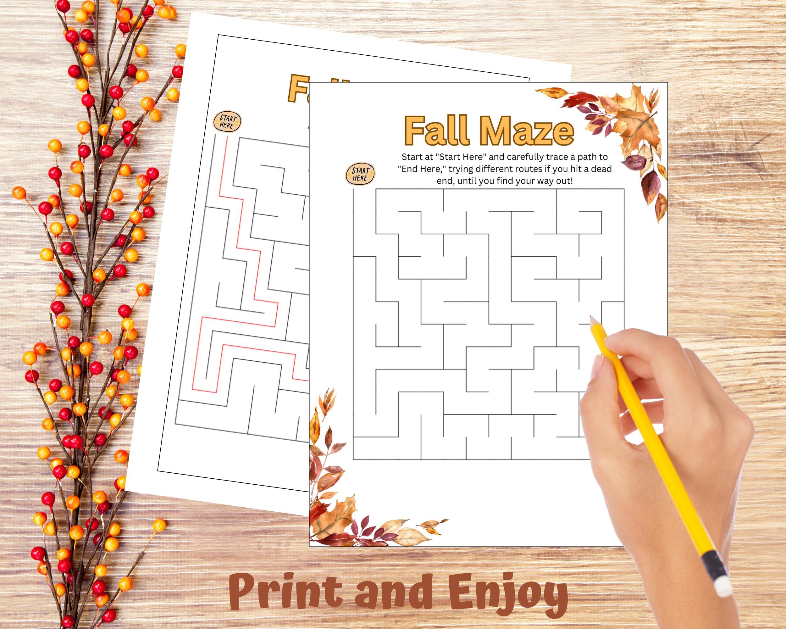 Fall Maze Worksheet for Kids and Adults, Autumn Game, Printable ...