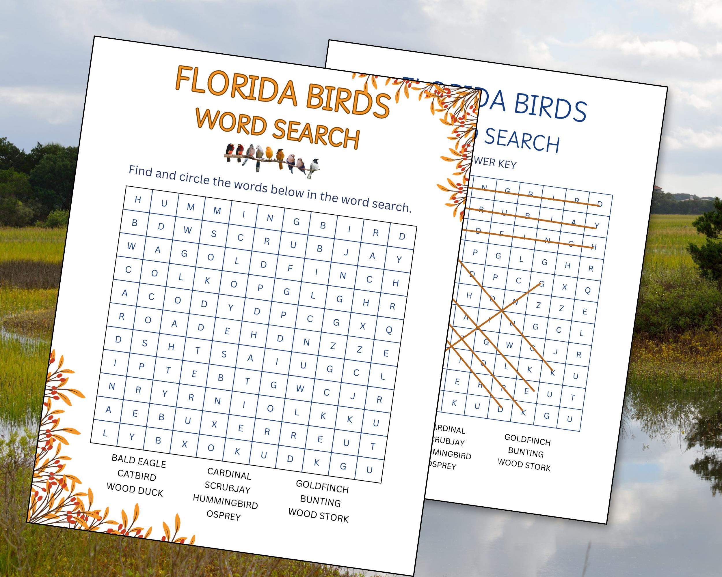Florida Birds Word Search Game, Printable Worksheet Word Search Puzzle ...