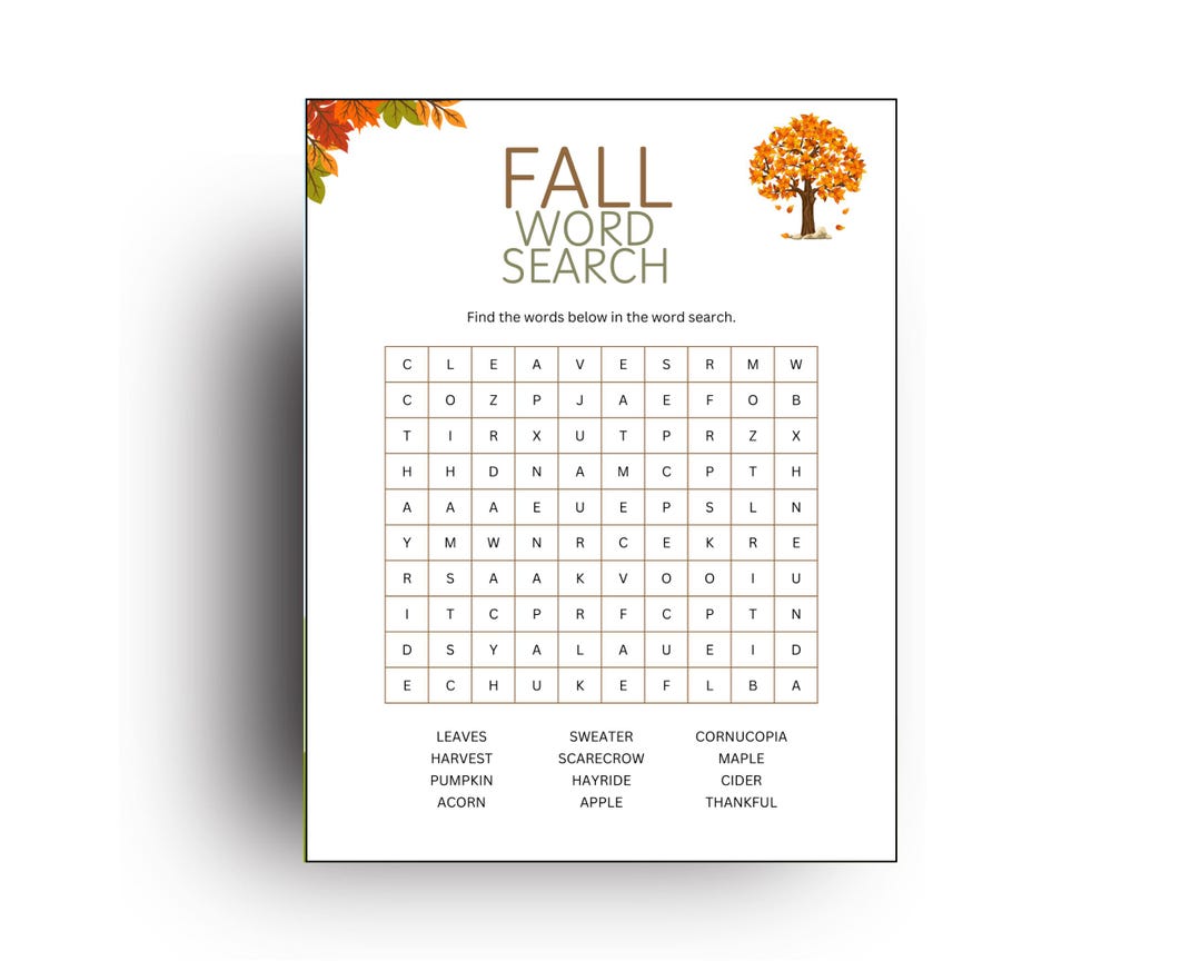 Fall Word Search Printable, Autumn Word Search, Fall Activity for Kids ...