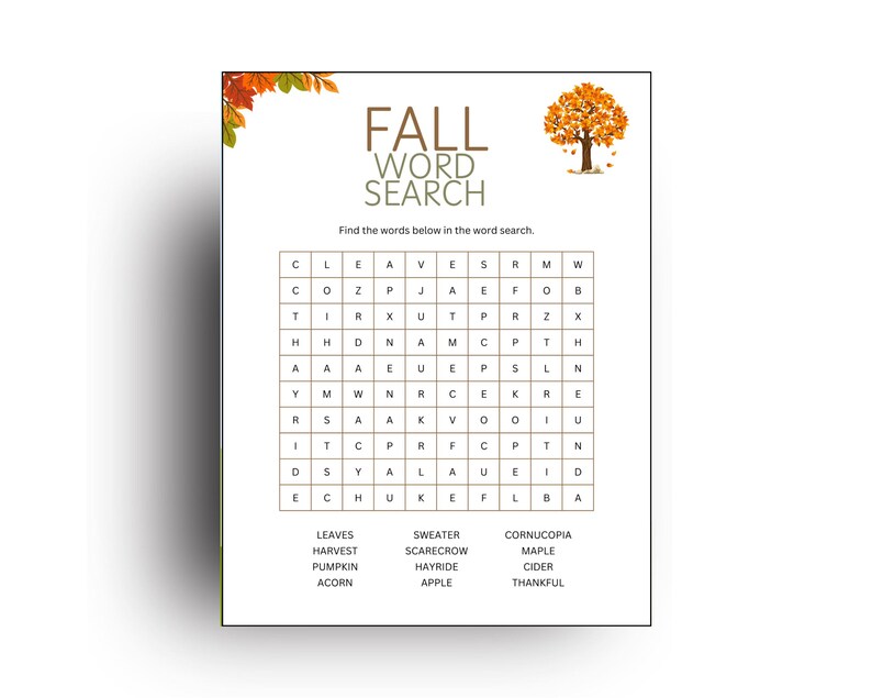 Fall Word Search Printable Worksheet, Autumn Word Search, Fall Activity ...