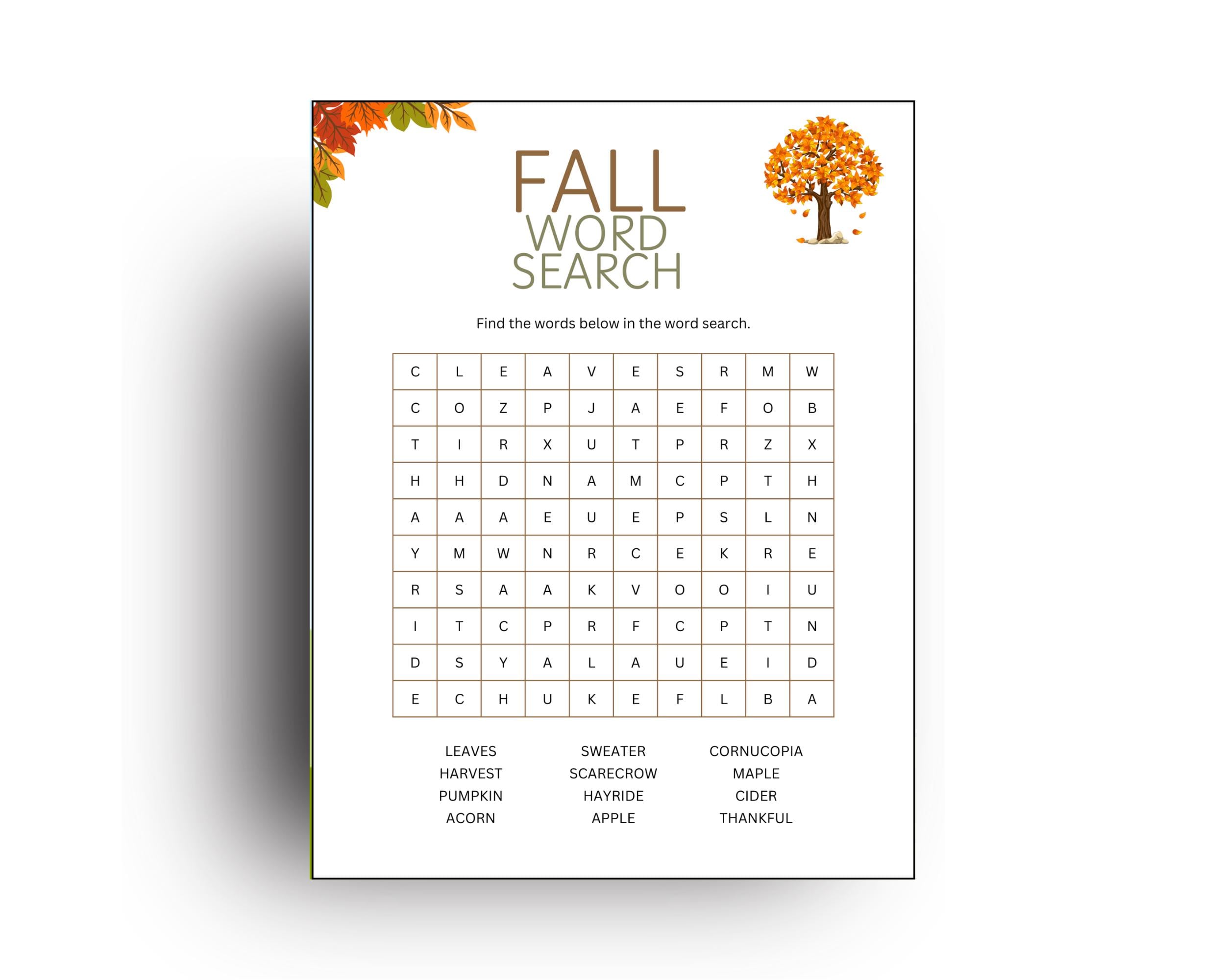 Fall Word Search Printable Worksheet, Autumn Word Search, Fall Activity ...
