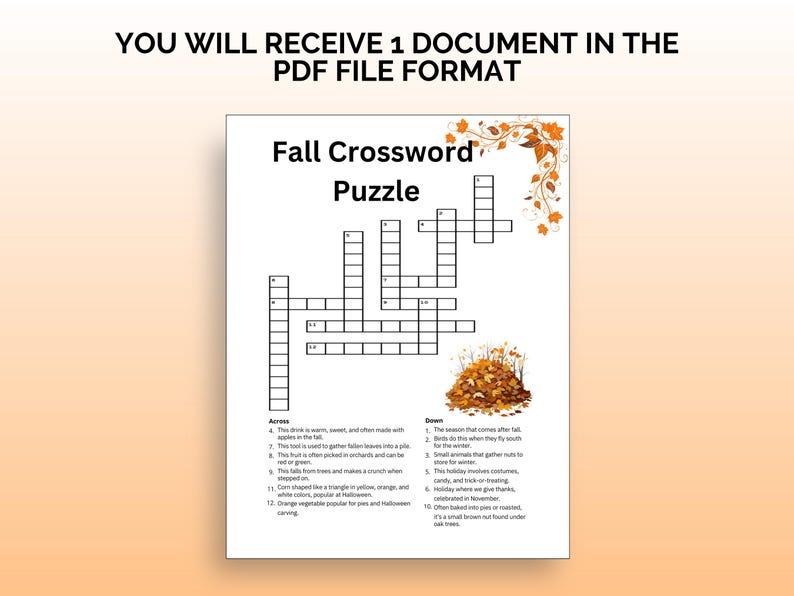 Fall Crossword Puzzle Printable Game-autumn Game-for Adults, Kids ...