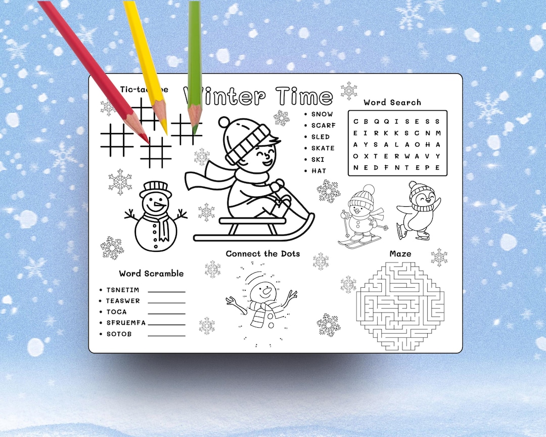 Winter Activity Placemat Worksheet, Printable Winter Coloring Placemat ...