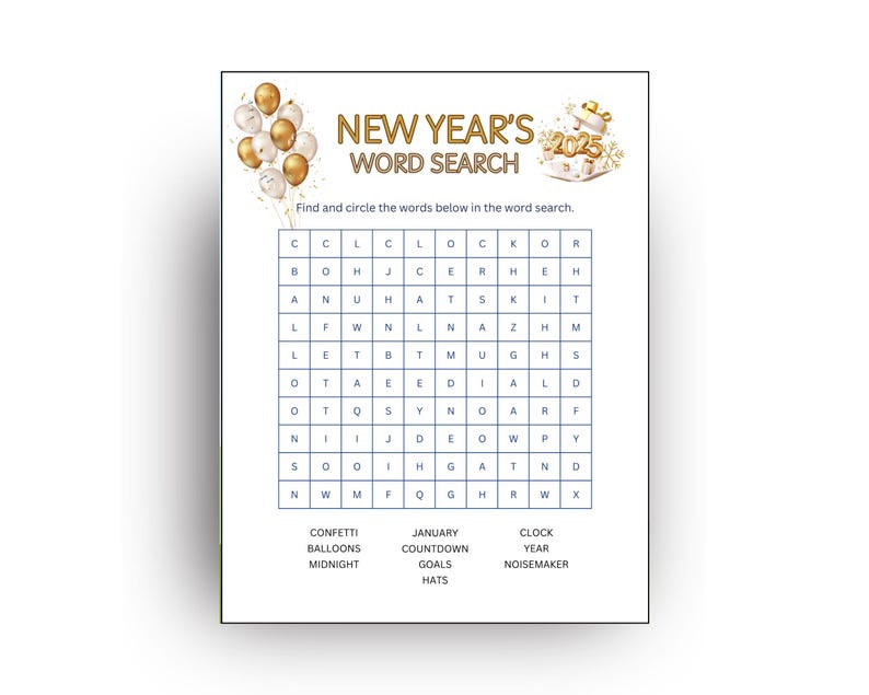 New Year's Word Search, Printable Game for Kids, Adults, and Seniors - Etsy
