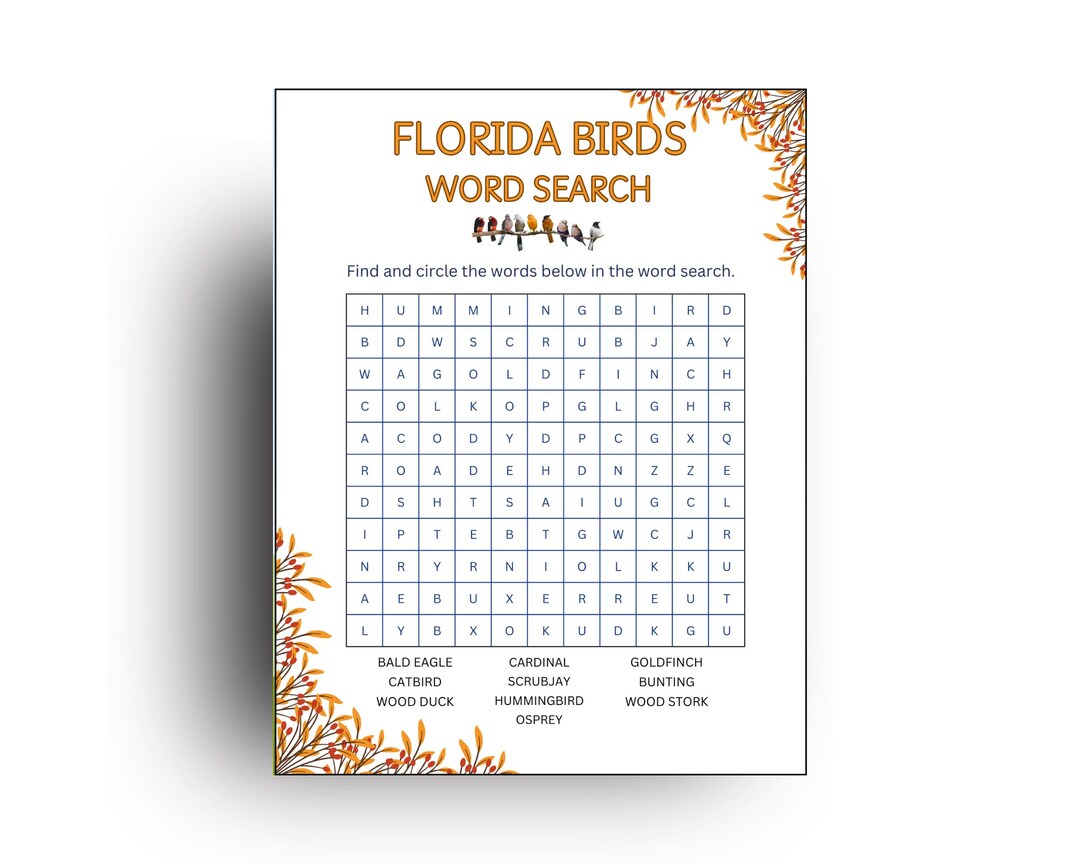 Florida Birds Word Search Game, Printable Worksheet Word Search Puzzle ...