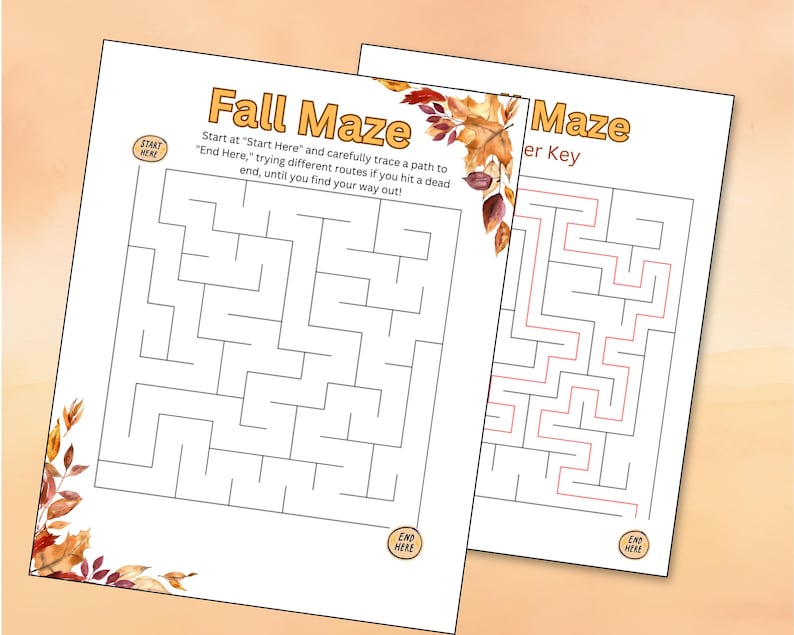 Fall Maze Worksheet for Kids and Adults, Autumn Game, Printable ...
