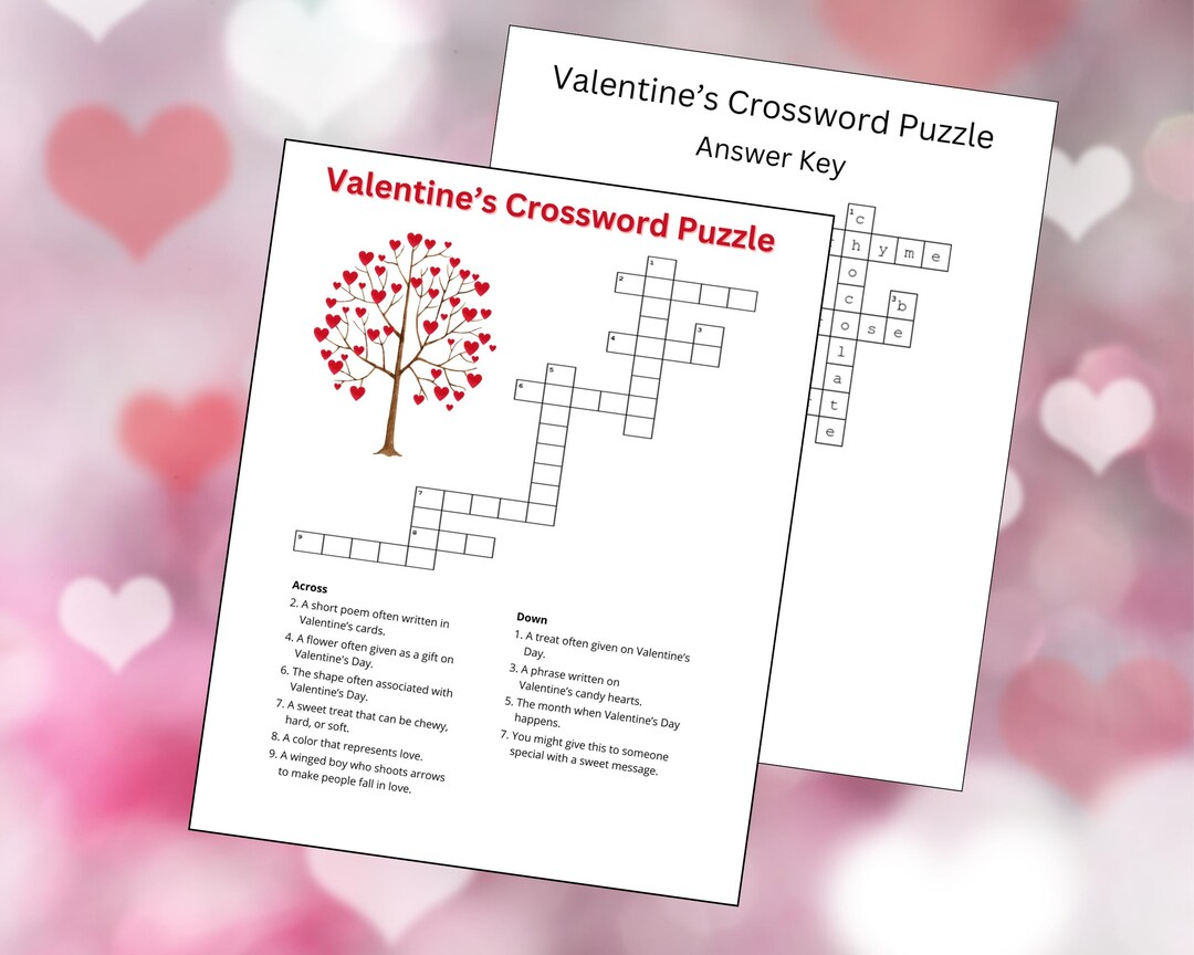Valentine's Crossword Puzzle Printable Worksheet Game for Kids, Adults ...