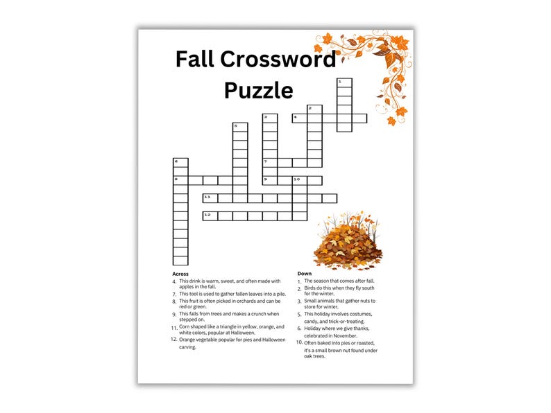 Fall Crossword Puzzle Printable Game-autumn Game-for Adults, Kids ...