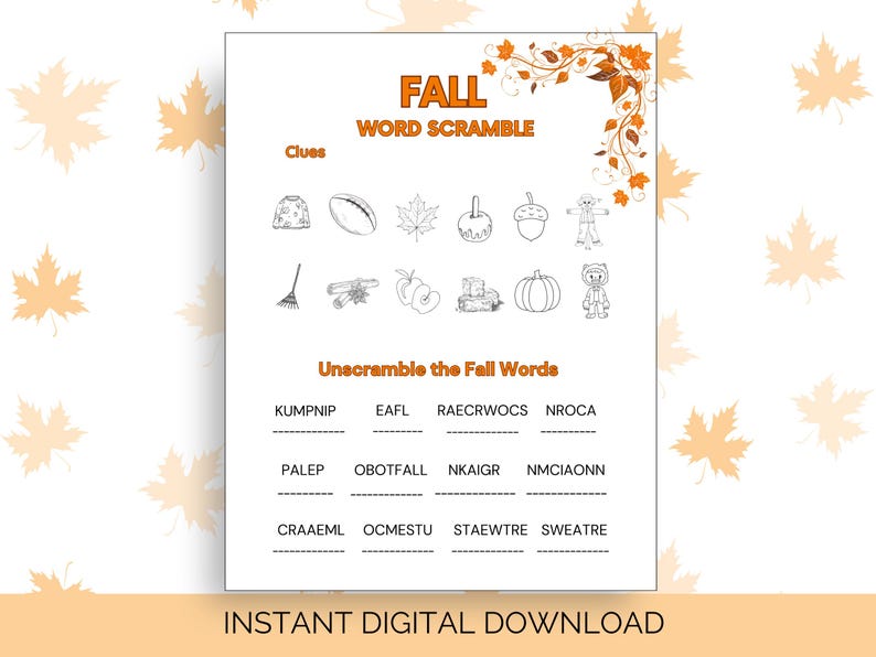 Fall Word Scramble Printable Worksheet Game-kids, Adults, Seniors ...