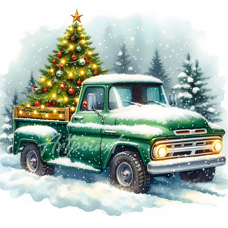 13 Pickup Truck Christmas Tree Clipart, Watercolor Holiday Art ...