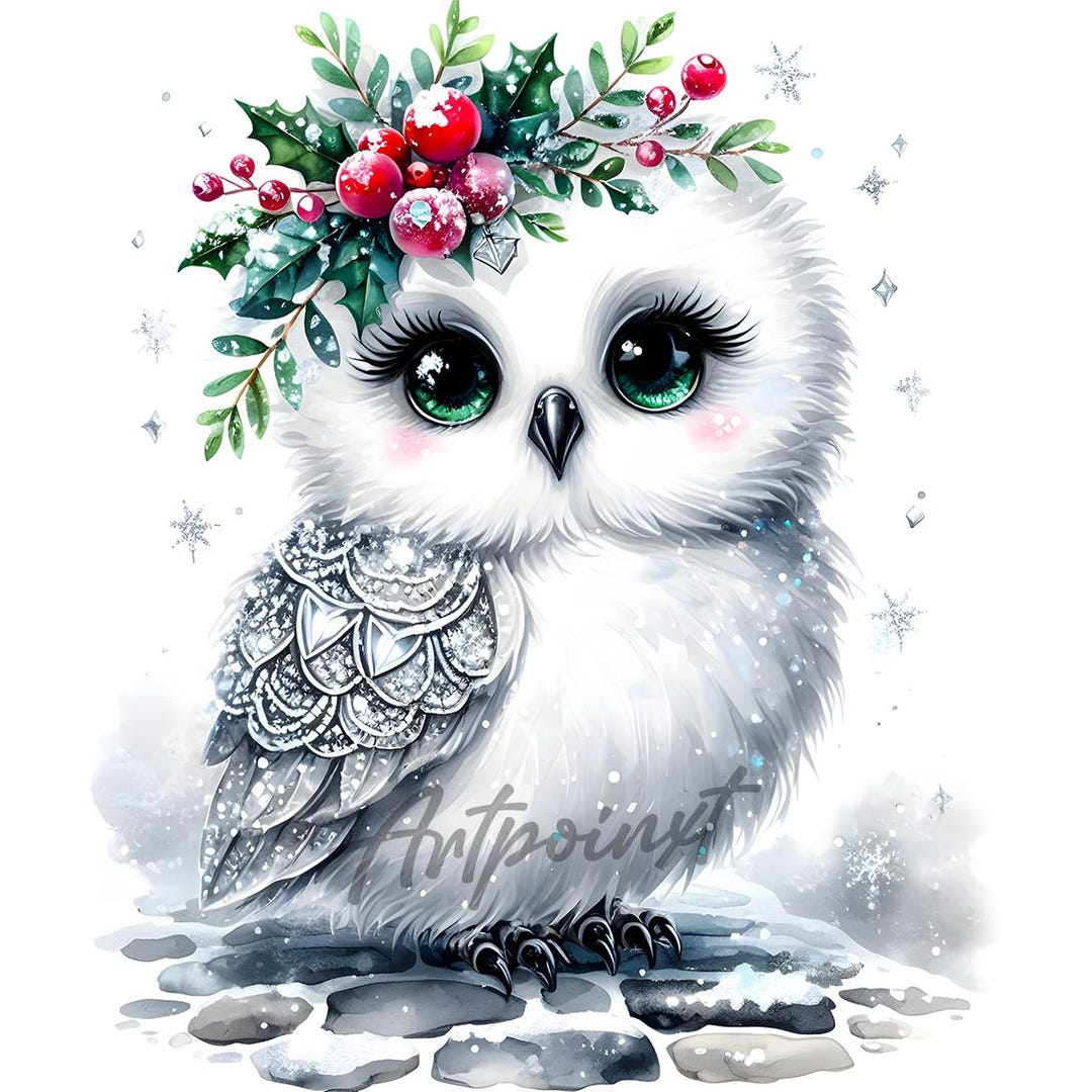 13 Silver Christmas Owl Clipart Set, Cute Festive Owl, Winter Owl ...
