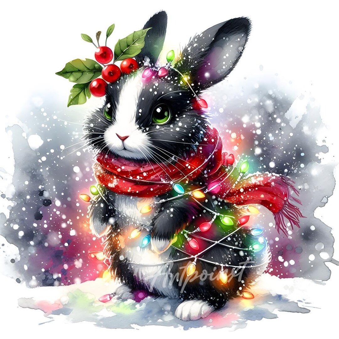 12 Christmas Bunny Clipart, Watercolor Bunnies, Printable Holiday Jpgs ...