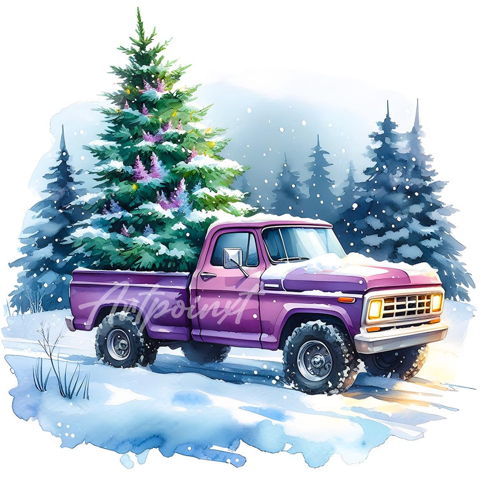 13 Pickup Truck Christmas Tree Clipart, Watercolor Holiday Art ...