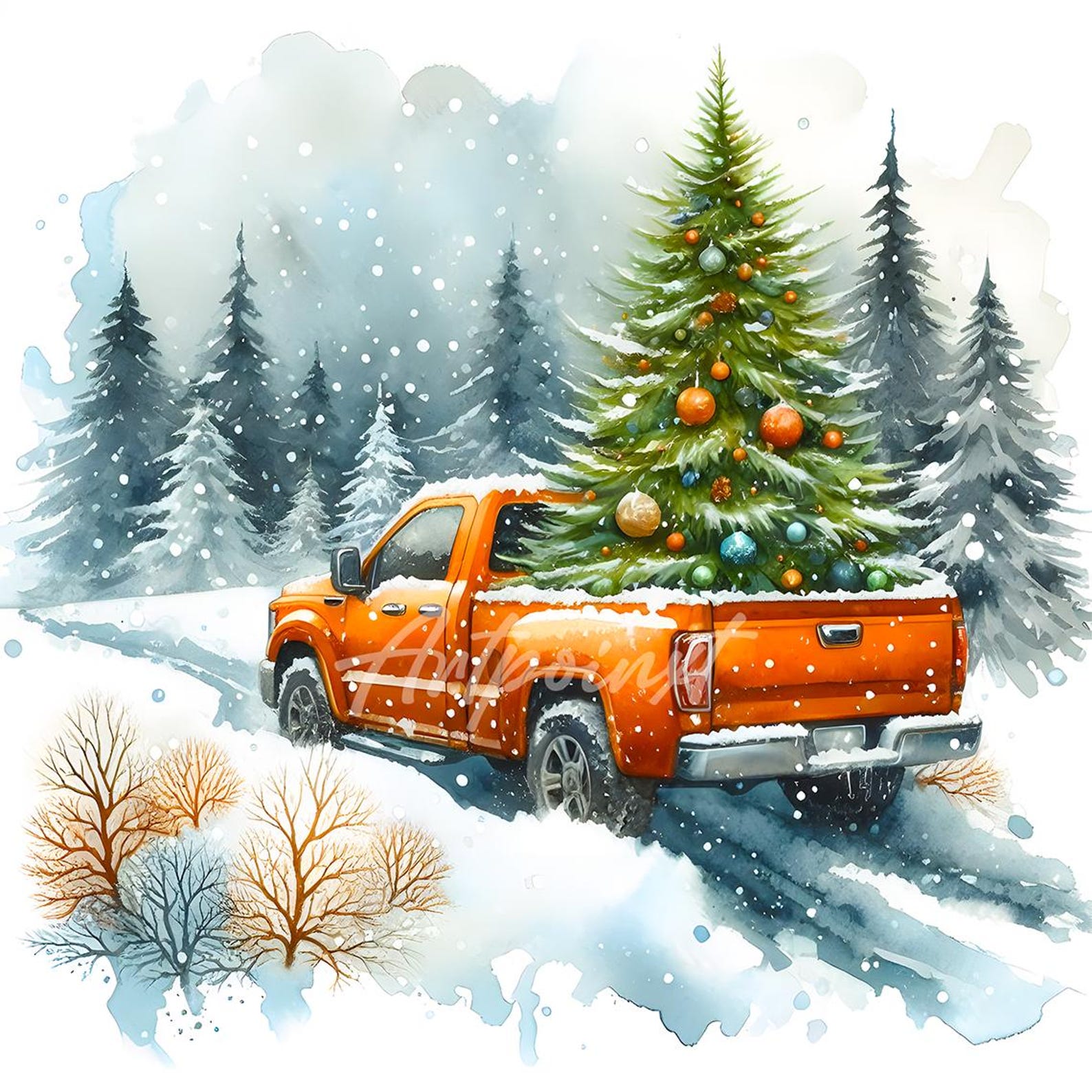 13 Pickup Truck Christmas Tree Clipart, Watercolor Holiday Art ...