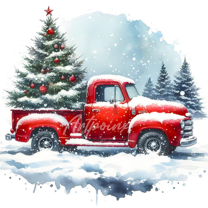 13 Pickup Truck Christmas Tree Clipart, Watercolor Holiday Art ...