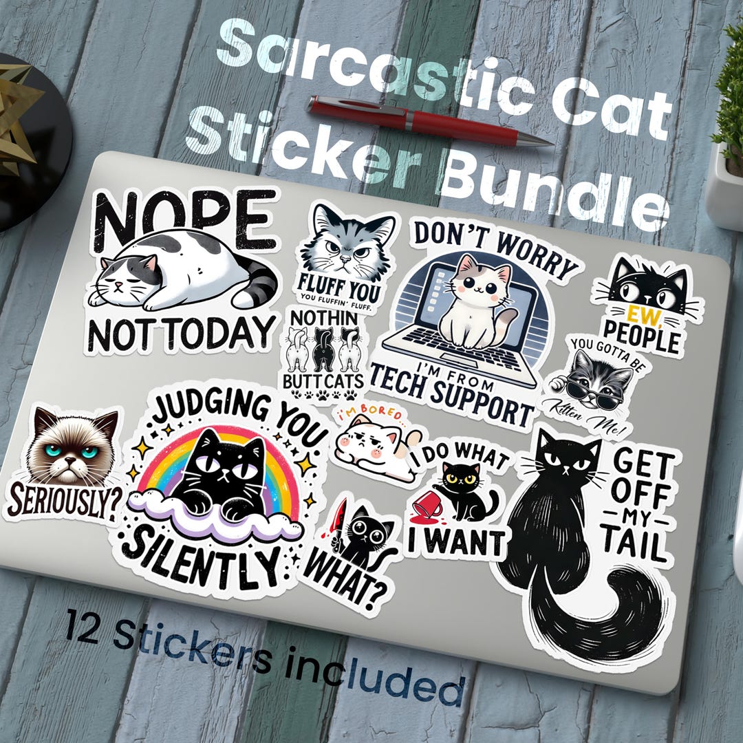 Sarcastic Stickers Pack, Snarky Cat Decals, Black Cat Sticker Sheet ...