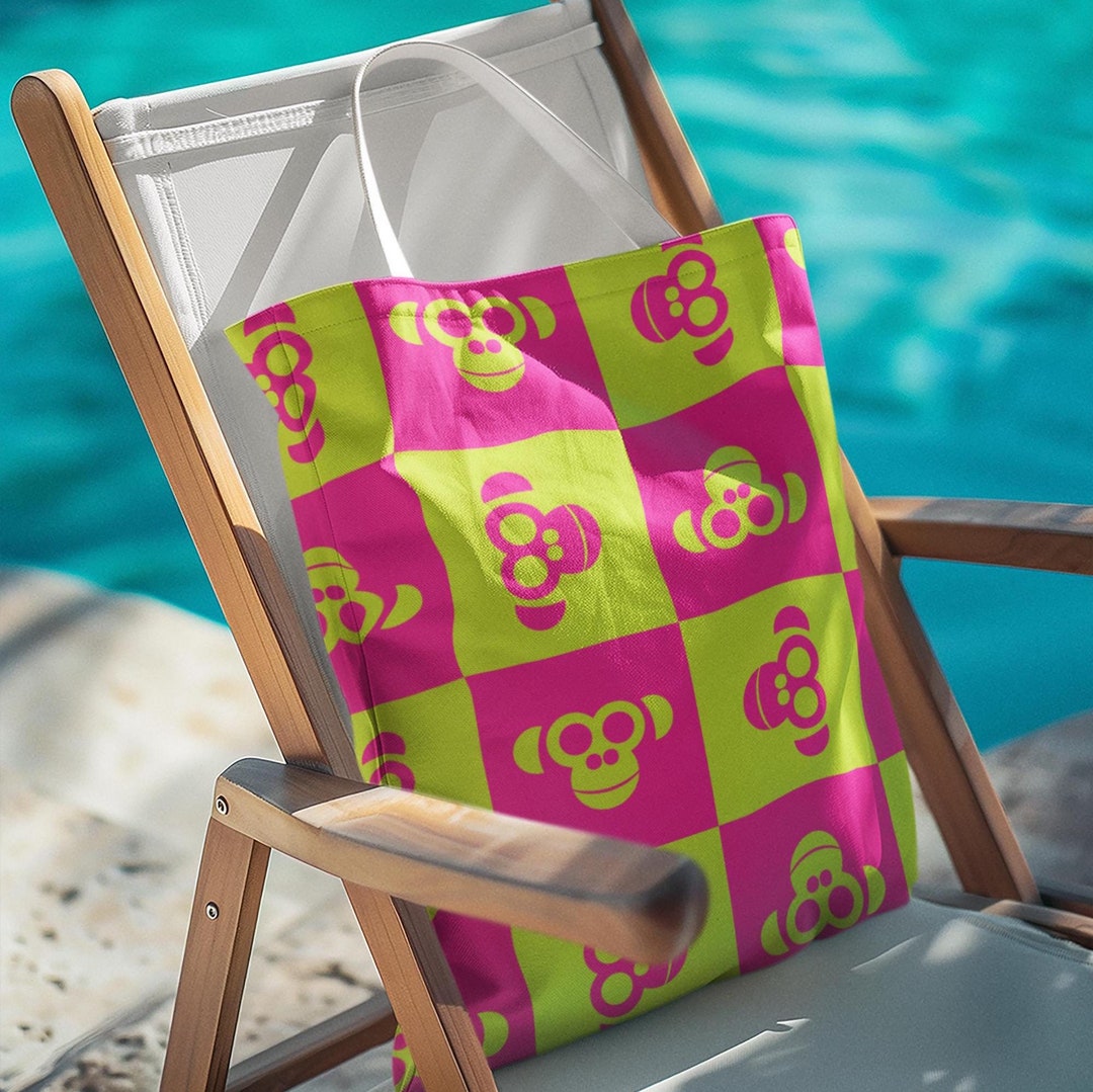 Monkey Design Tote Bag, Pink and Chartreuse Carryall Bag, 13 Inch, 16 ...