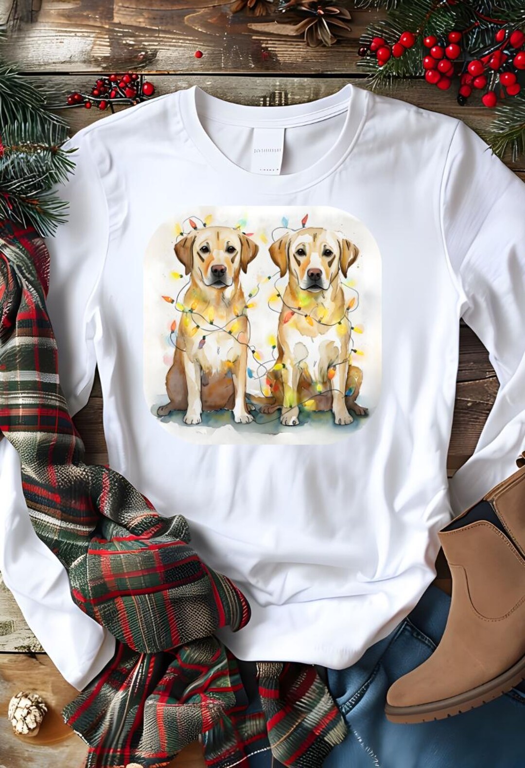 Yellow Lab Christmas Lights Long Sleeve Tee, Labrador Retriever Holiday ...