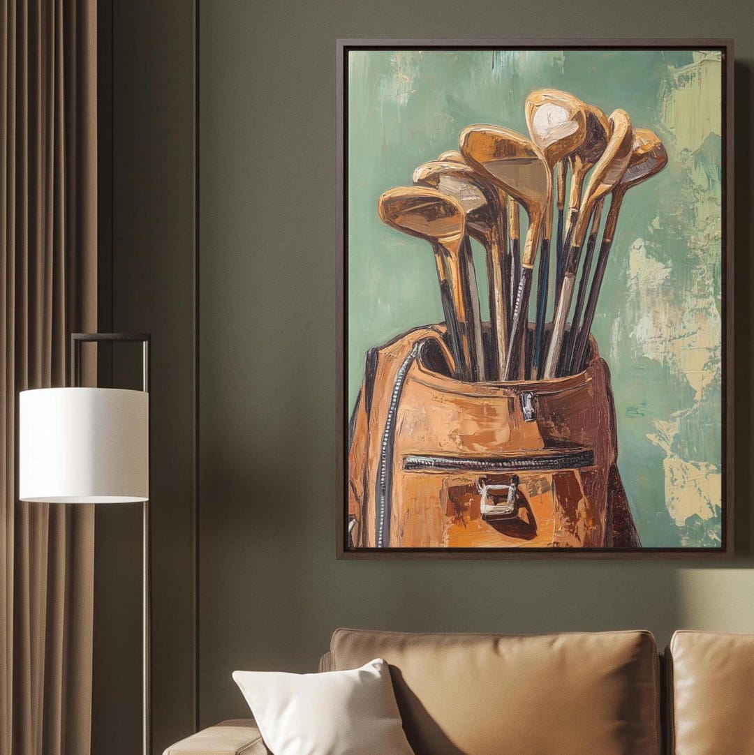 Golf Wall Art, Framed Canvas Golf Club Painting, Golf Gift, Sage Green ...