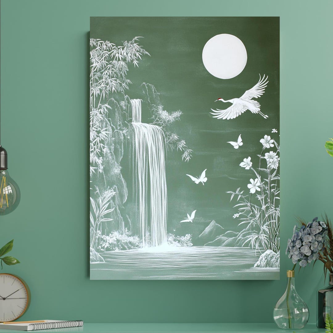 Sage Green Japandi Canvas Wall Art, Japanese Waterfall Landscape Wall ...