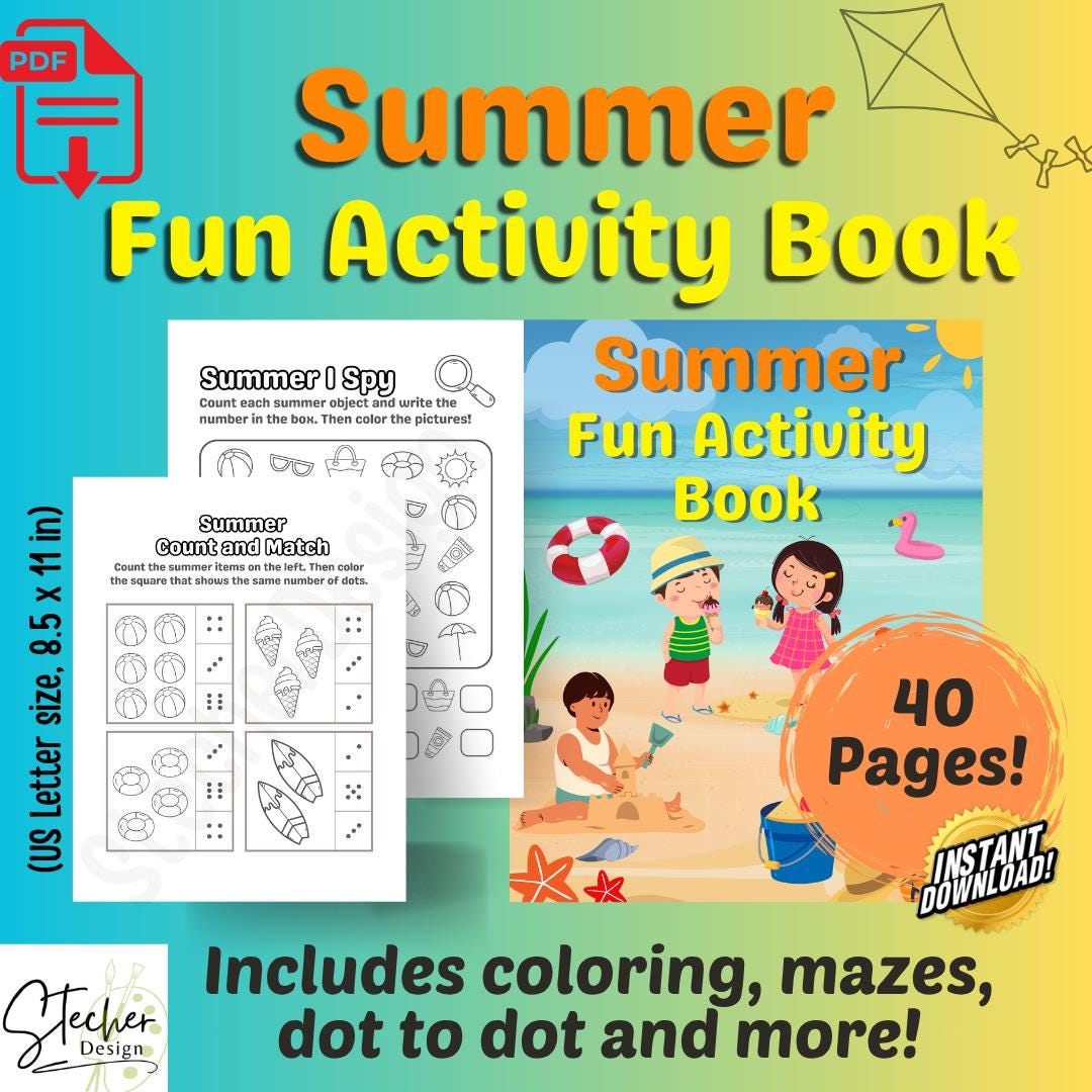 Summer Fun Activity Book for Kids – 40 Pages Printable PDF | Coloring ...