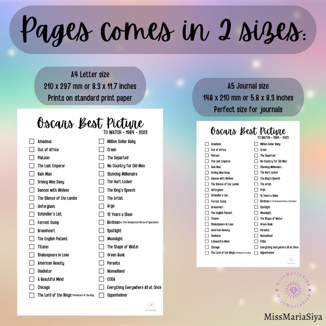 Printable Oscars Best Picture Checklist 1984-2023, Watchlist, Movie ...