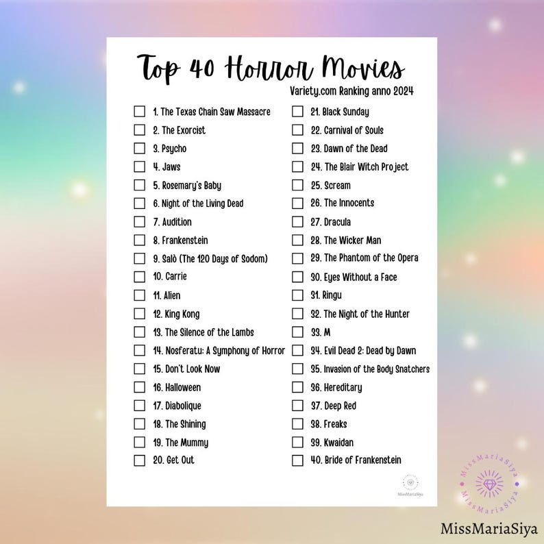 Printable Top 40 Horror Movies Checklist, Watchlist, Movie Tracker ...