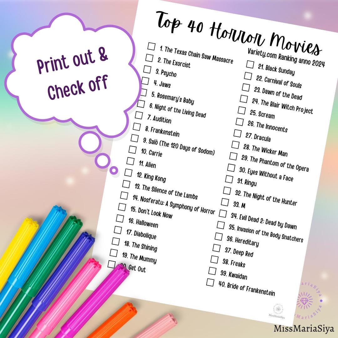 Printable Top 40 Horror Movies Checklist, Watchlist, Movie Tracker ...