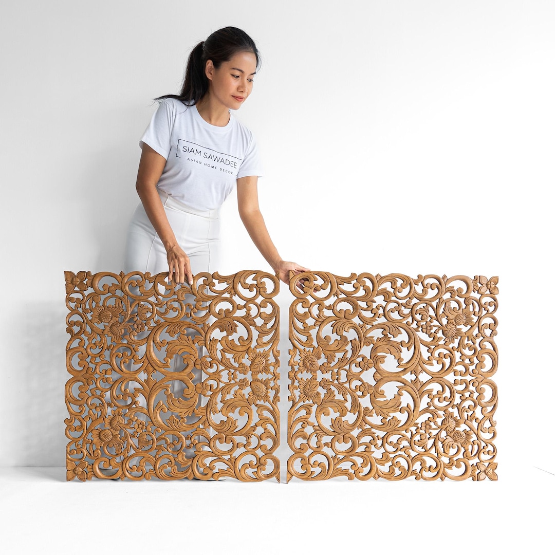 Large Decorative Wood Wall Panel, Queen Headboard 60x30" Carved Teak ...