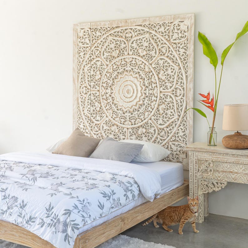 Large White Lotus Carved Wood Panel 72" Teak Headboard Wall Art Mandala ...