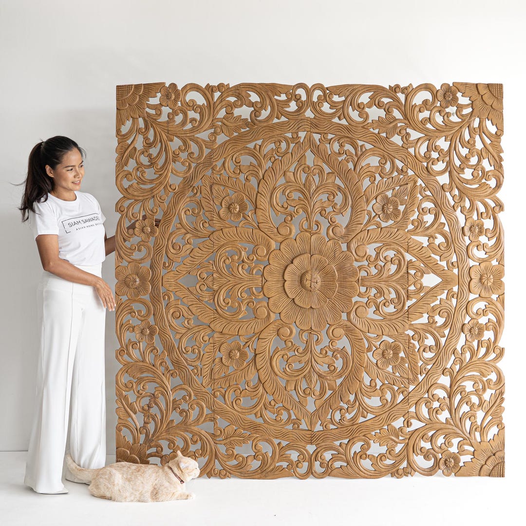 Balinese Lotus King Size Headboard 76"| Carved Wood Wall Panel ...