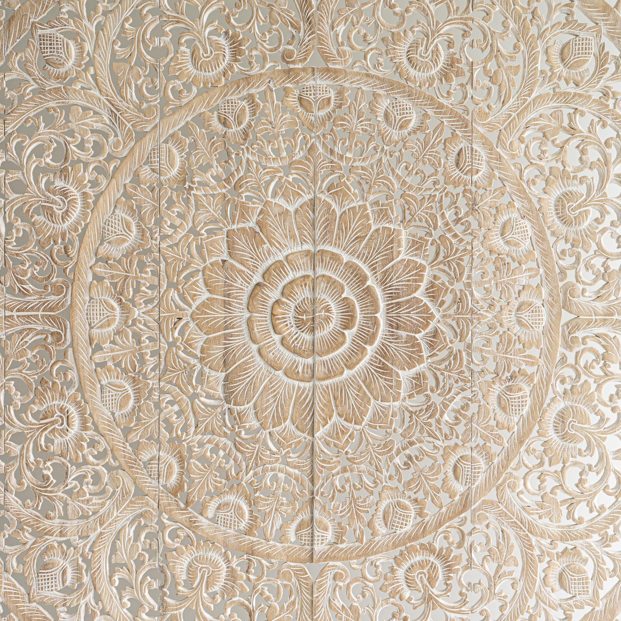 Large Carved Wood Wall Panel White Washed Teak Wall Art 72” Mandala ...