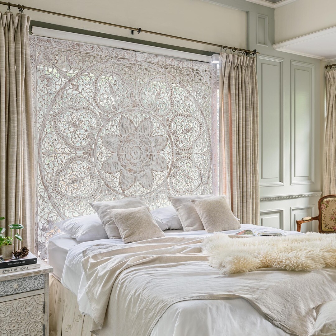 72" Lotus Mandala Panel | King Size Whitewashed Teak Wood Headboard ...