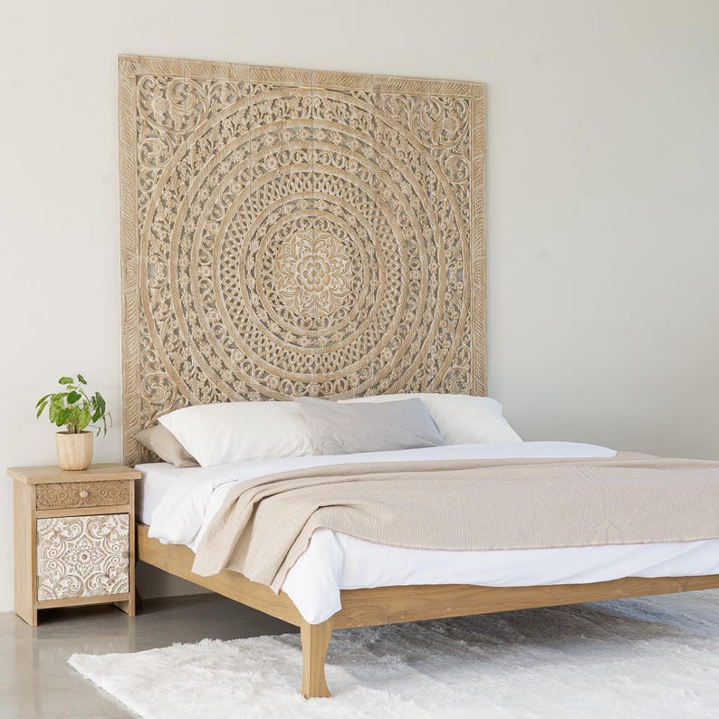 Large Carved Wood Wall Panel White Washed Teak Wall Art 72” Mandala ...