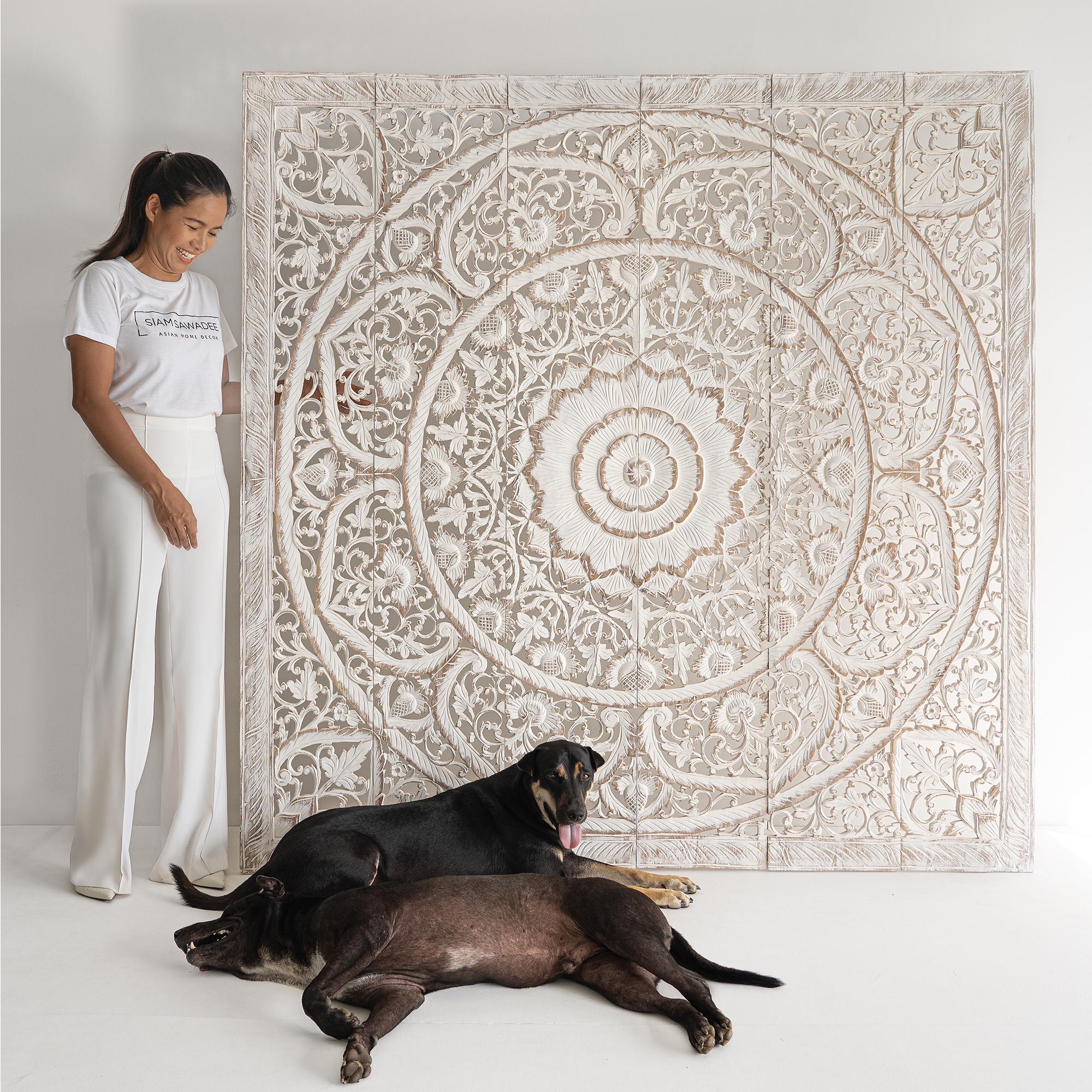 Large White Lotus Carved Wood Panel 72" Teak Headboard Wall Art Mandala ...