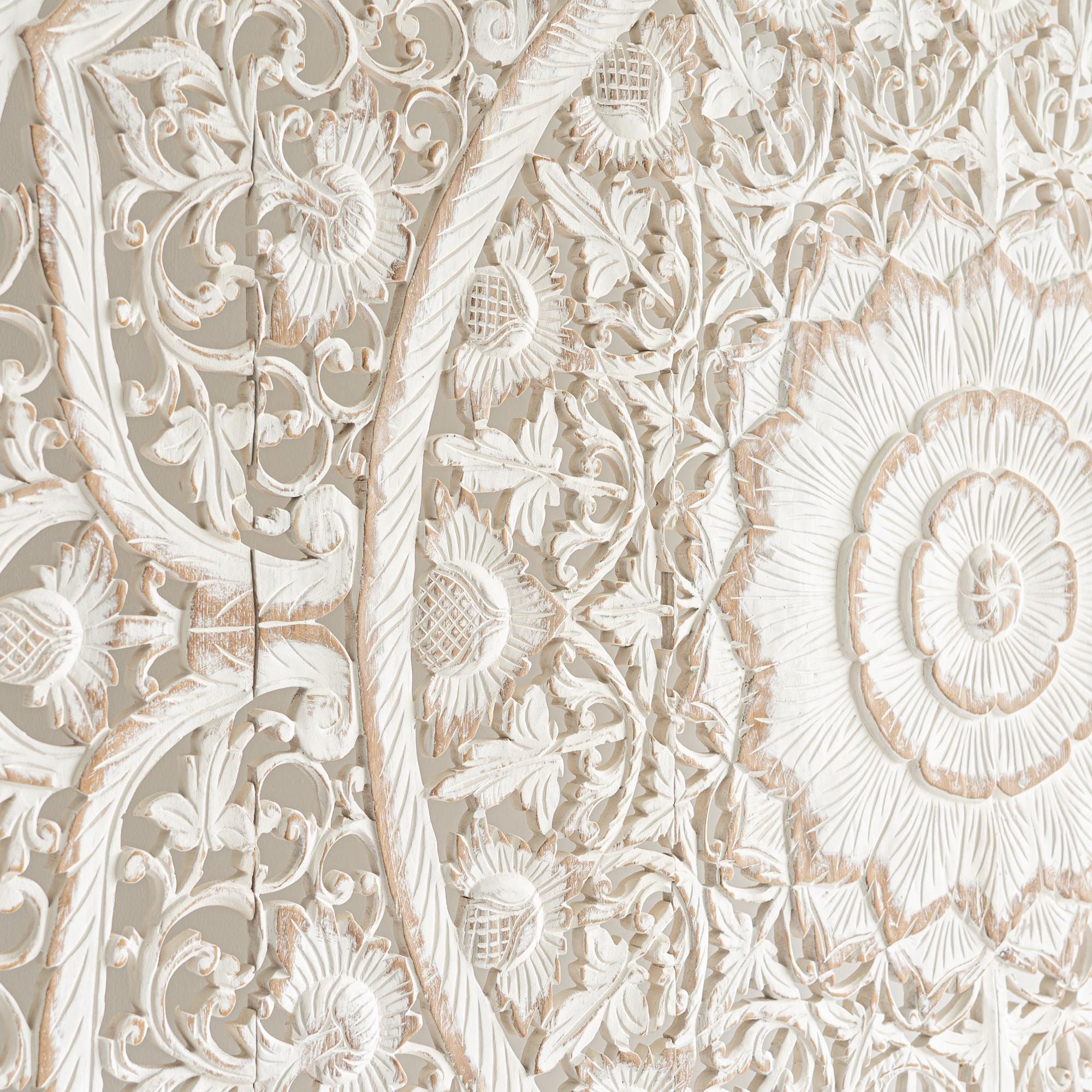 Large White Lotus Carved Wood Panel 72" Teak Headboard Wall Art Mandala ...
