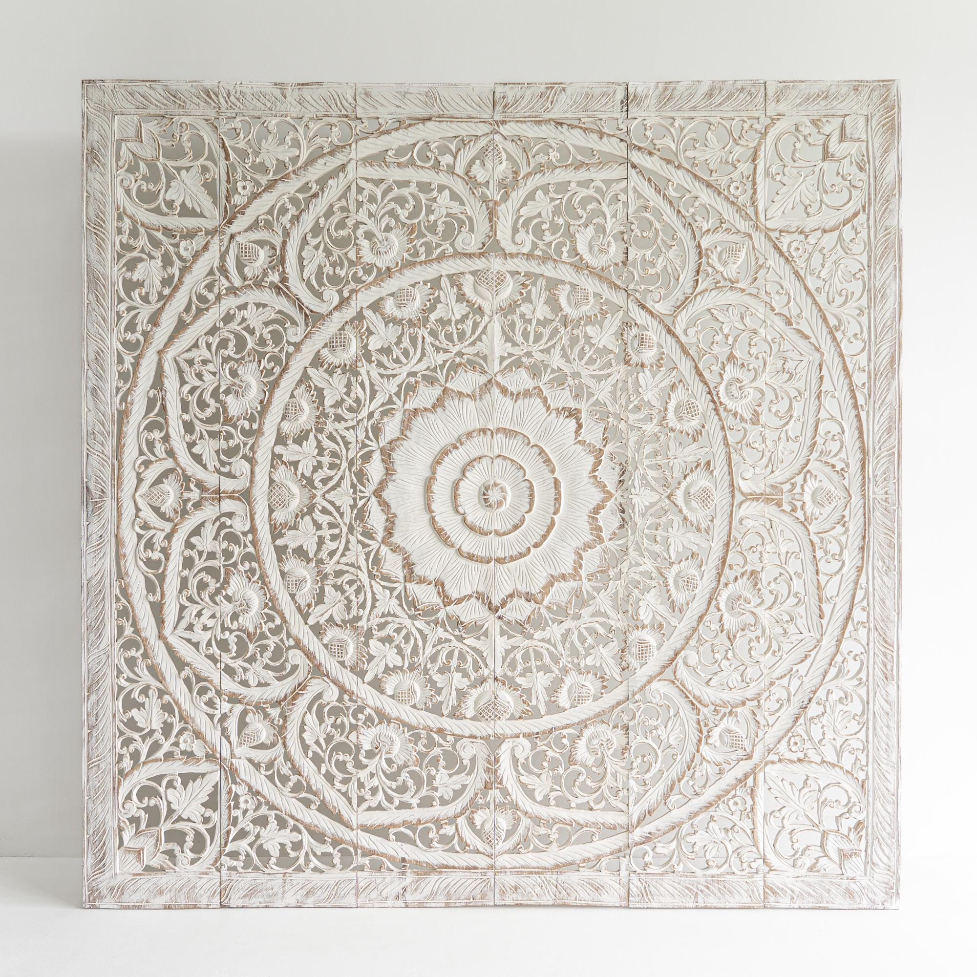 Large White Lotus Carved Wood Panel 72" Teak Headboard Wall Art Mandala ...
